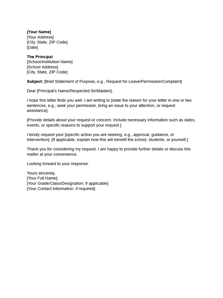 Template For Letter To Principal | PDF