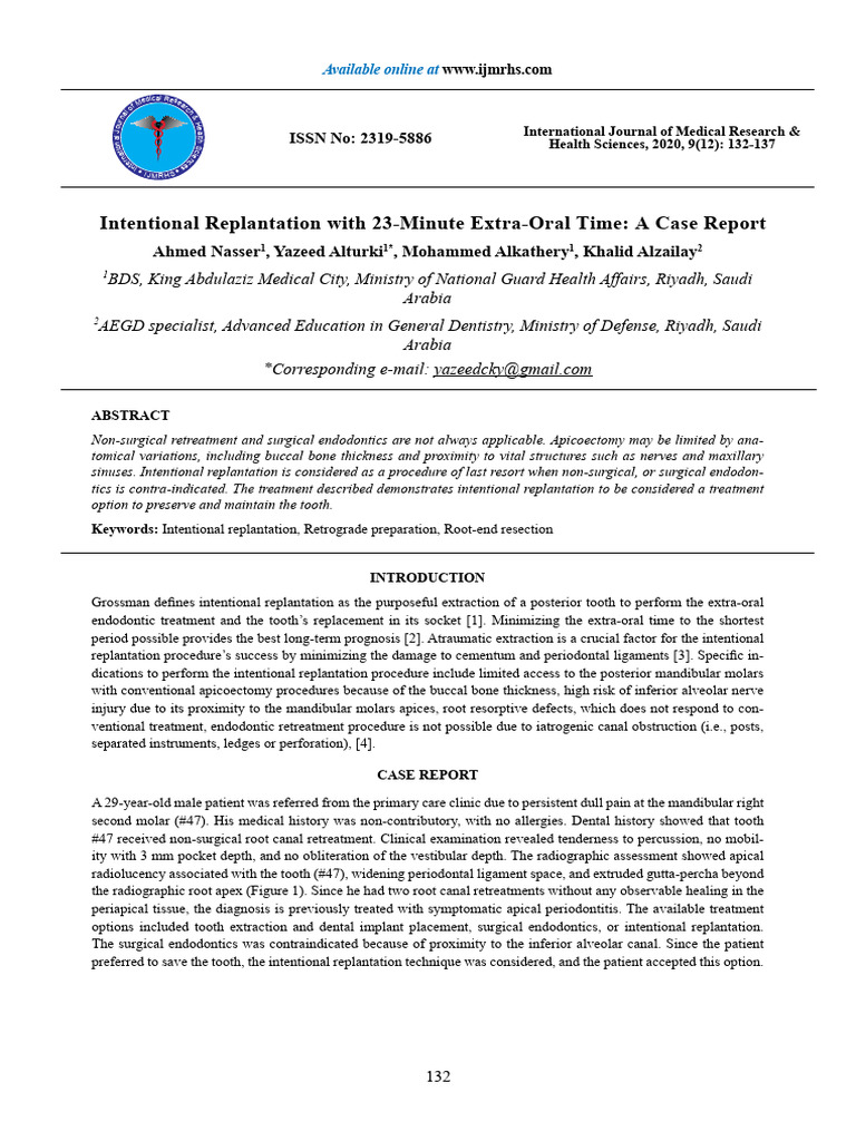 Intentional Replantation With 23minute Extraoral Time a Case Report ...