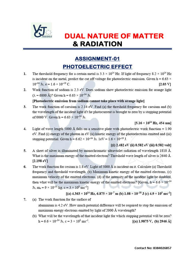 Dual Nature of Matter Assignment 1 | PDF | Photoelectric Effect | Electronvolt