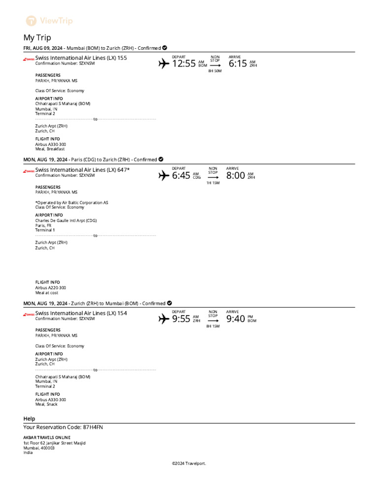Travelport Viewtrip - My Trip - 87H4FN | PDF | Airbus | Transport Companies