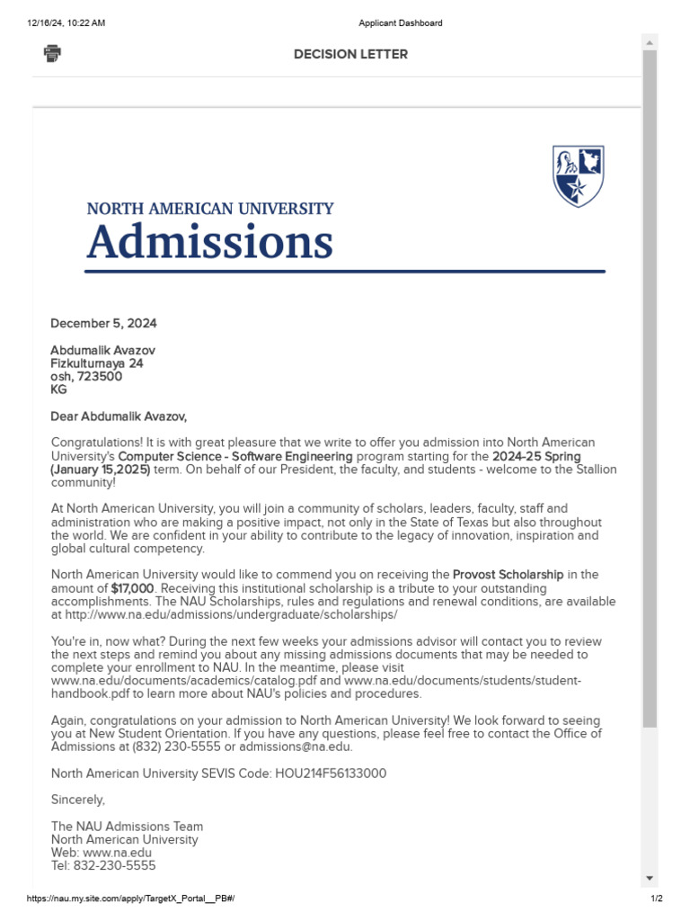 NAU Admission Offer and Next Steps | PDF