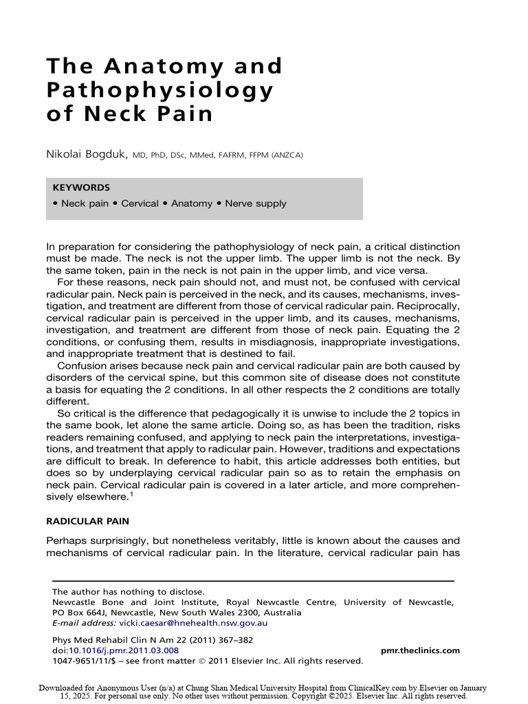 The Anatomy and Pathophysiology of Neck Pain | PDF | Vertebra | Nervous ...