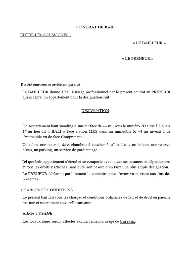 Contrat de bail professionnel à Douala | PDF | Parking | Appartement
