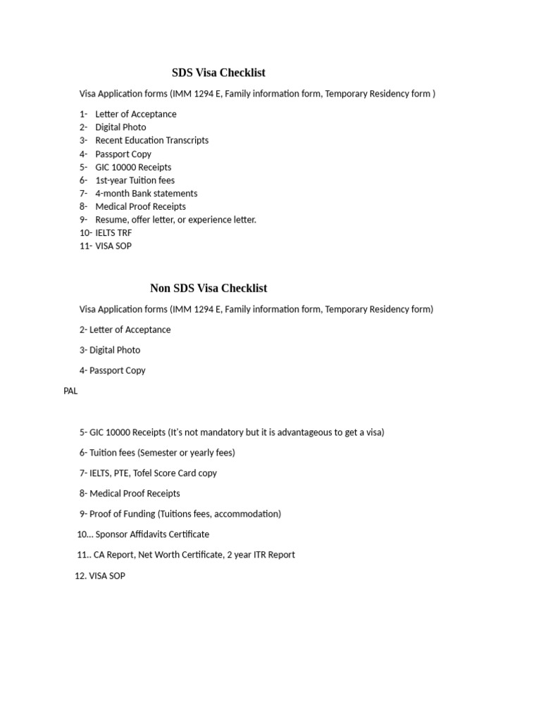 SDS and Non SDS Visa Checklist | PDF