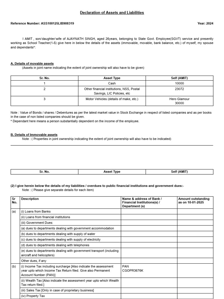 Assets and Liabilities Declaration Form Amit | PDF | Ownership | Economies