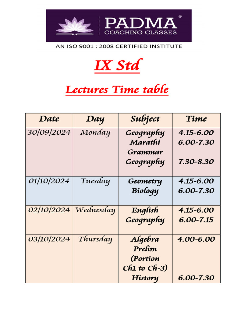 IX Std Lectures Timetable 2024 | PDF