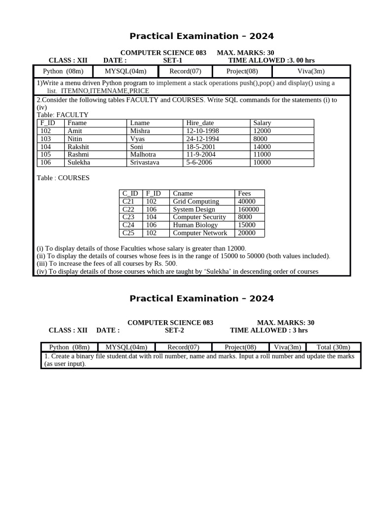 Class Xii Practical Questions 2024-25 | PDF | My Sql | Computer Data