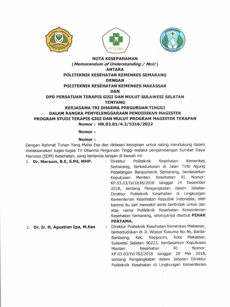 MoU Kelas Kerjasama PTGMI-PolkesMar-PolkesMa | PDF