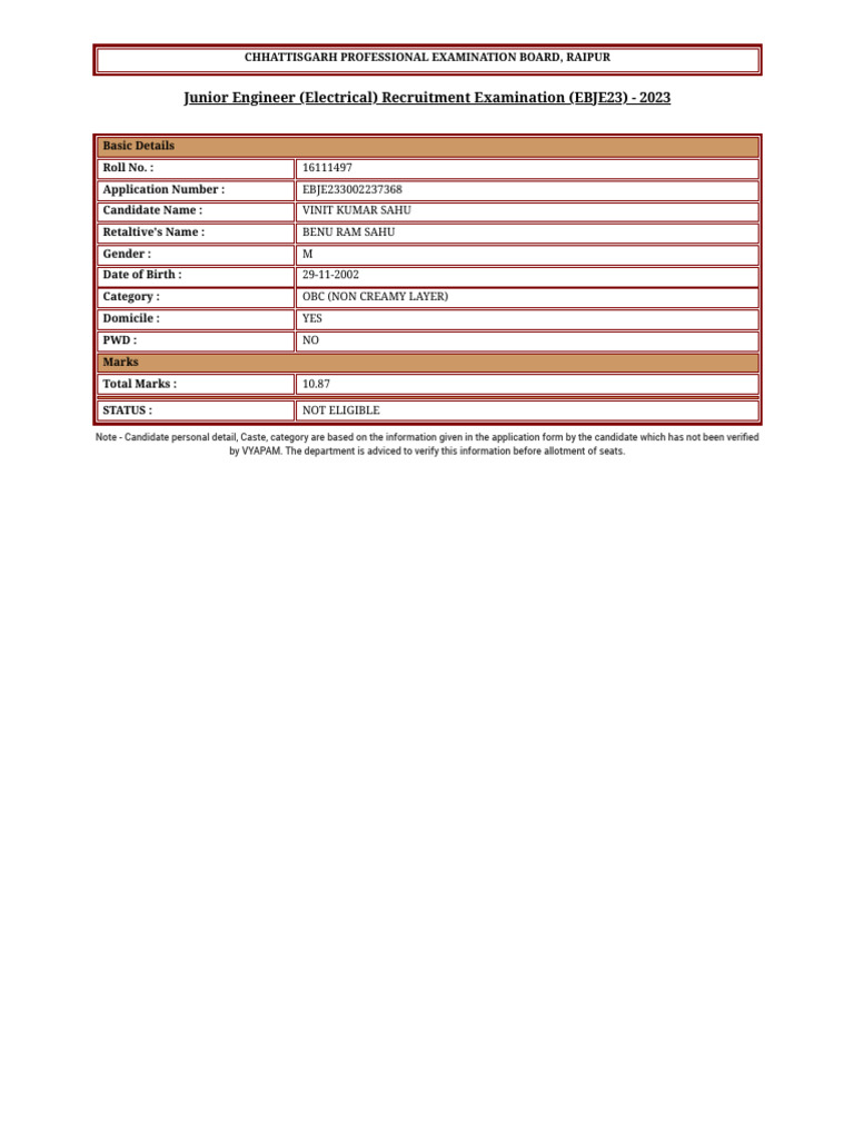 EBJE23 Result: Vinit Kumar Sahu | PDF