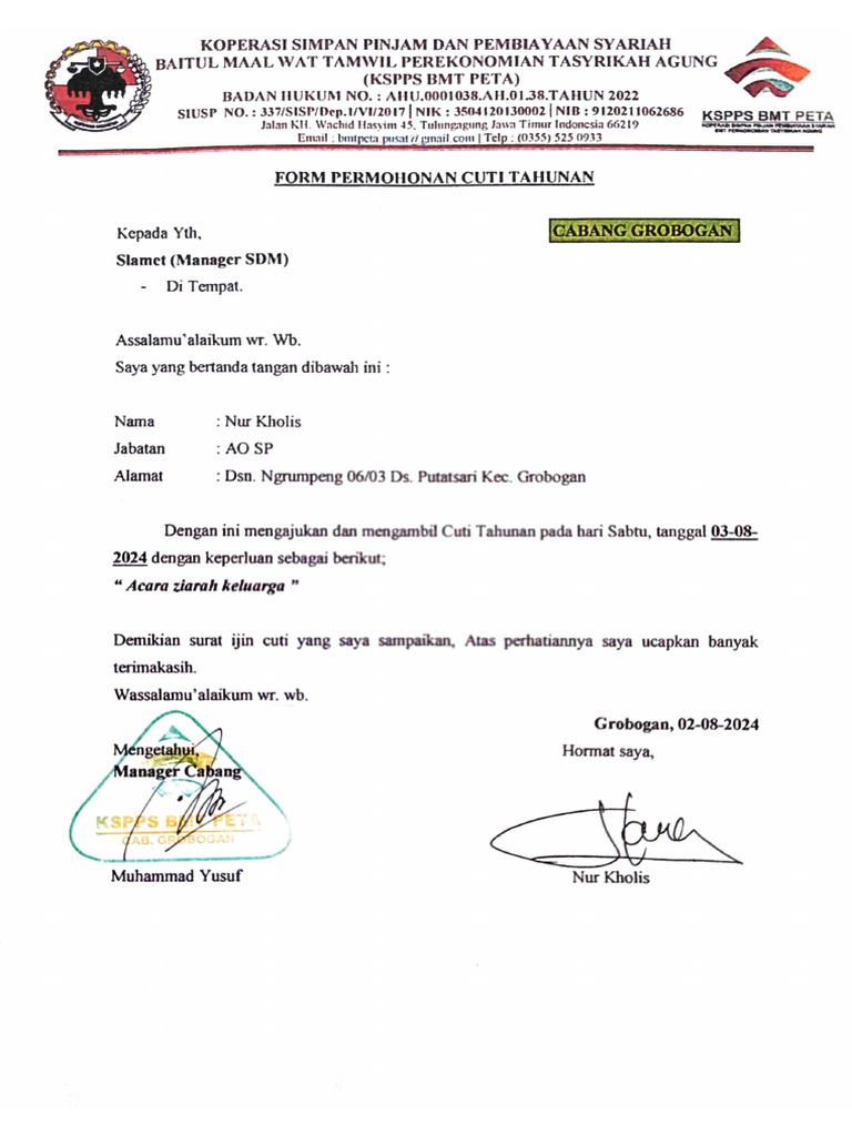 05.surat Keterangan Ijin Cuti-Nur Kholis-Cabang Grobogan-Agustus 2024 | PDF
