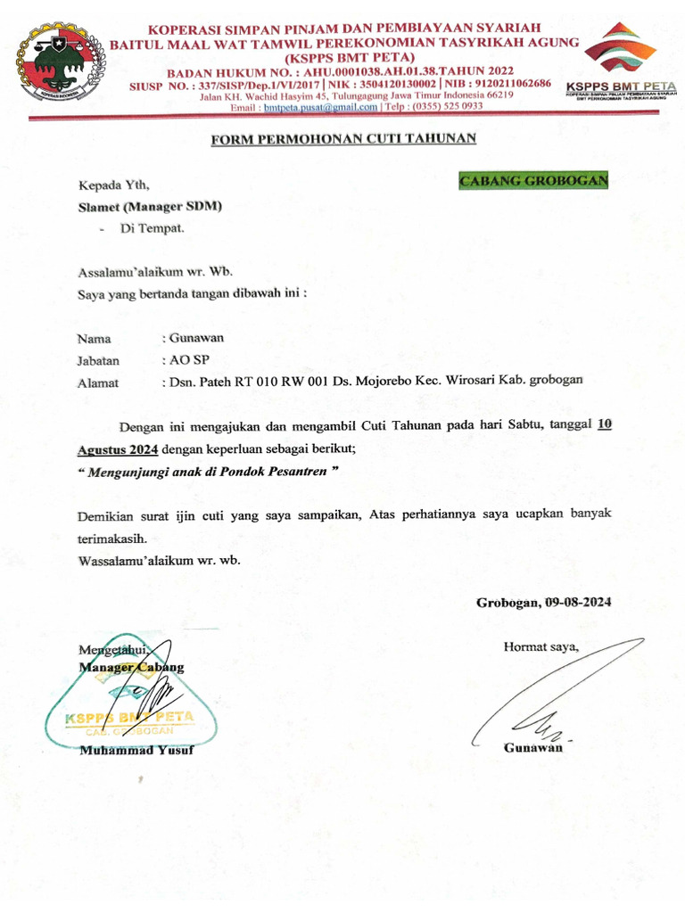 05.surat Keterangan Ijin Cuti-Gunawan-Cabang Grobogan-Agustus 2024 | PDF