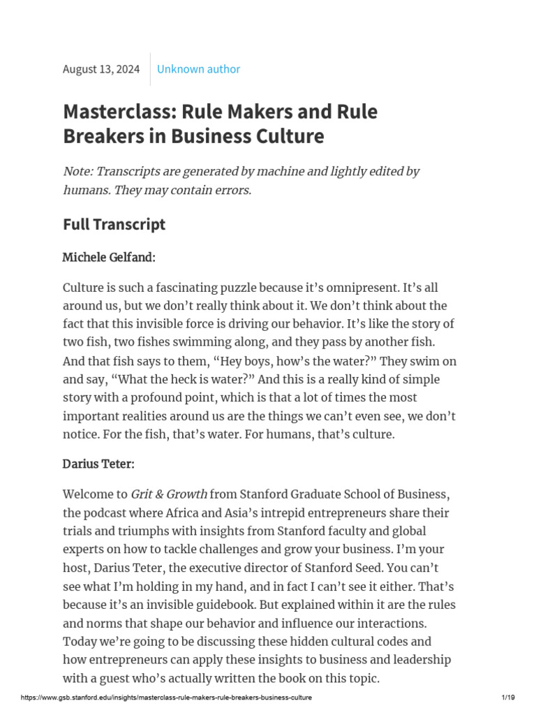 Masterclass - Rule Makers and Rule Breakers in Business Culture ...