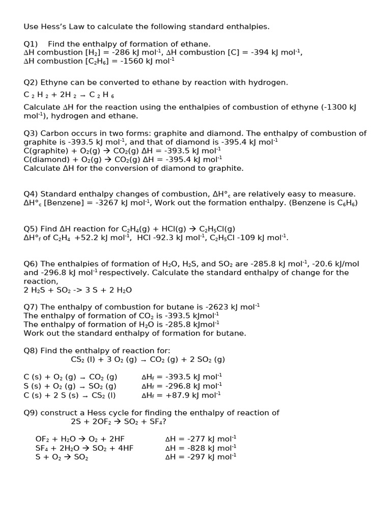 Hess's Law: Standard Enthalpy Calculations | PDF