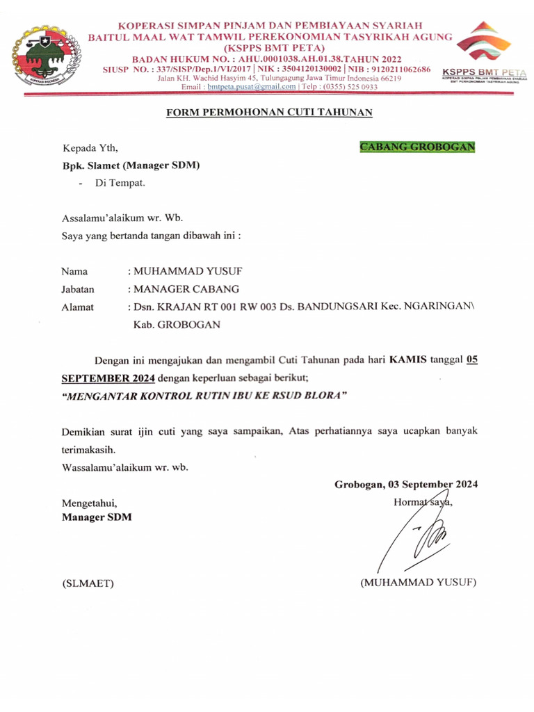 05.surat Keterangan Ijin Cuti-Muhammad Yusuf-Cabang Grobogan-September ...
