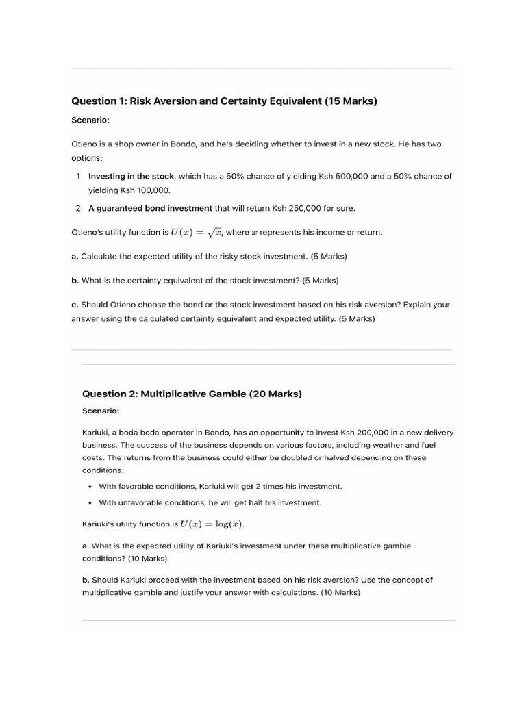 Risk Aversion Assignment | PDF