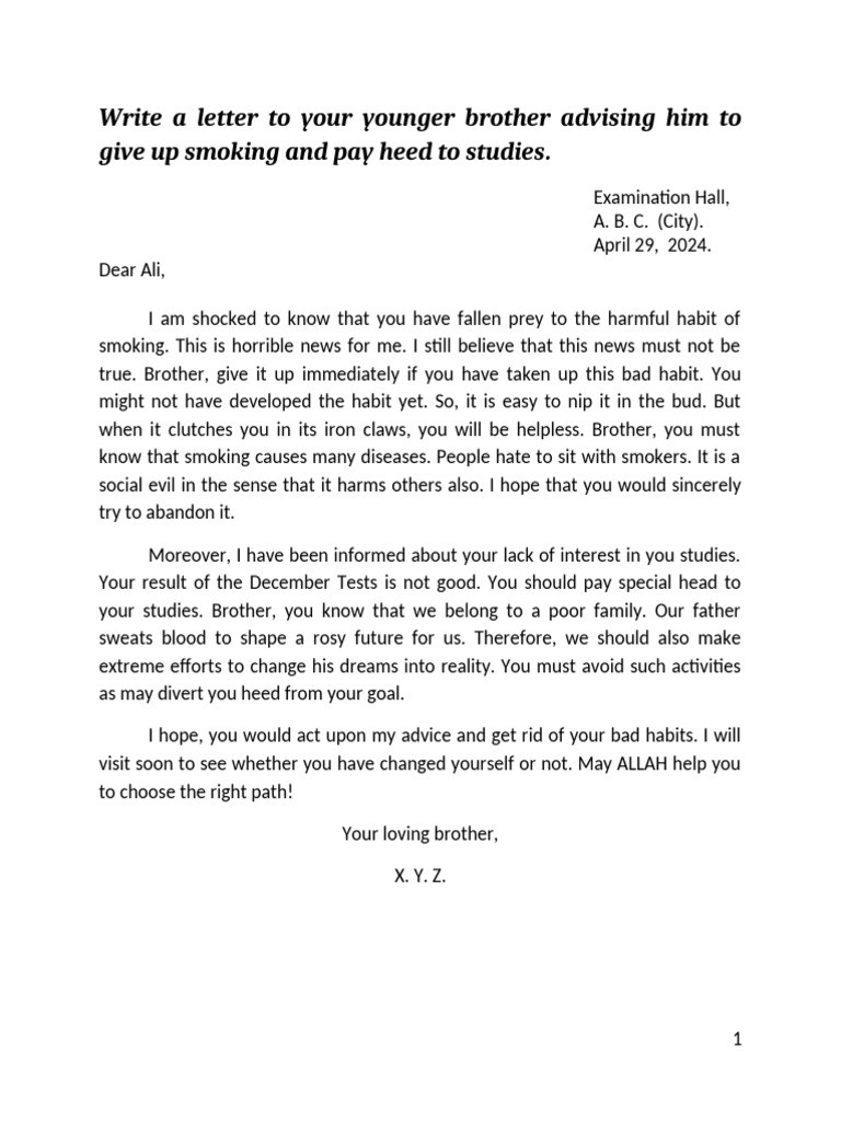 Write A Letter To Your Younger Brother Advising Him To Give Up Smoking ...