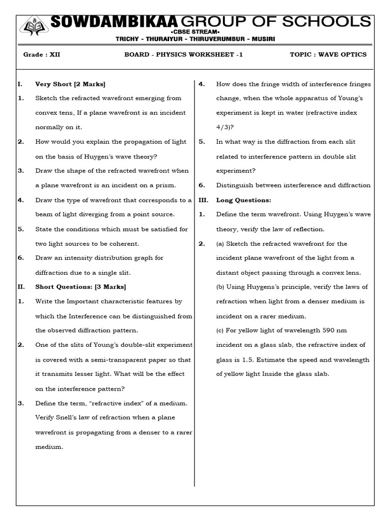 Gr. Xii - Physics Board Ws - 01 - Wave Optics | PDF | Diffraction | Light Gr. Xii - Physics Board Ws - 01 - Wave Optics | PDF | Diffraction | Light