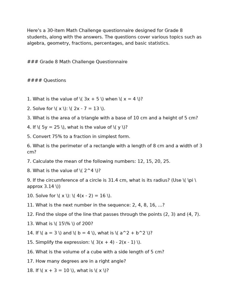 Math Challenge Questionnaire - Grade 8 | PDF | Area | Elementary Geometry