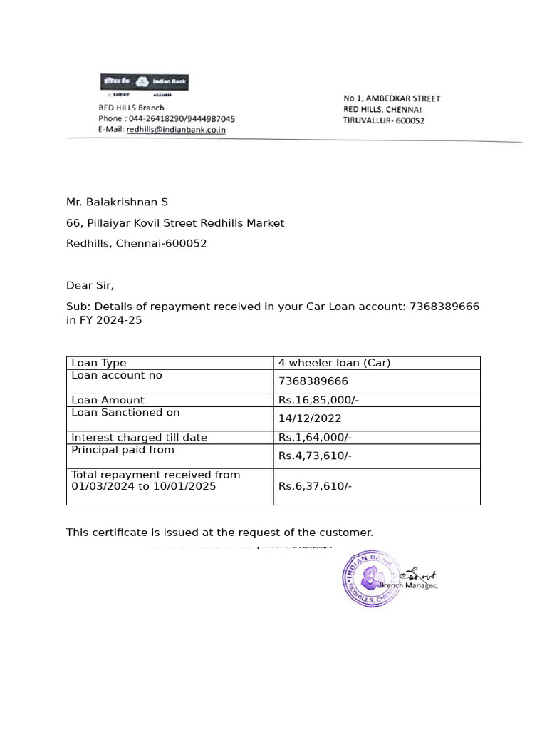 Car Loan Interest Certificate | PDF