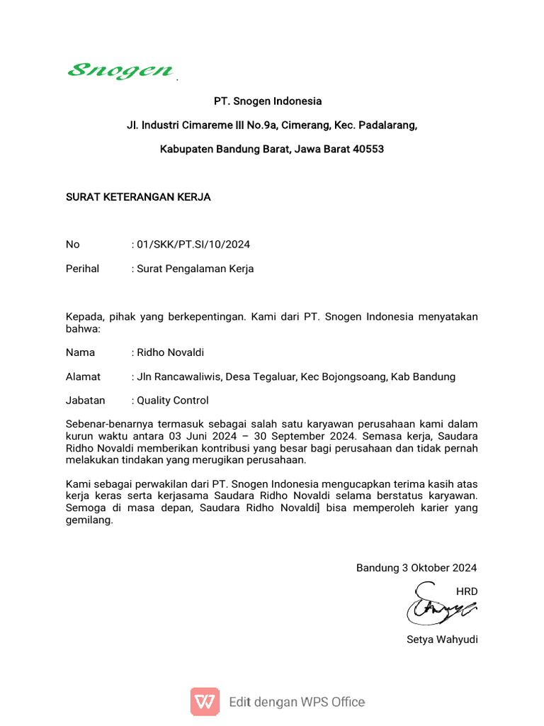 Surat Keterangan Kerja PT. Snogen | PDF