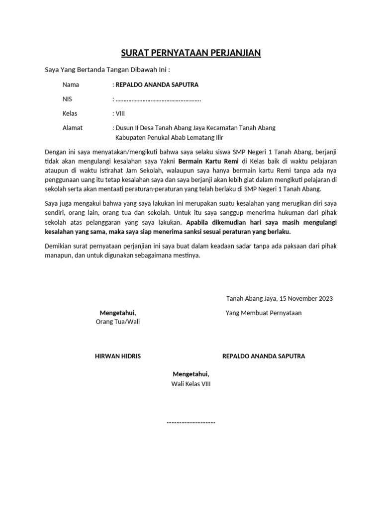 Surat Pernyataan Perjanjian Siswa | PDF