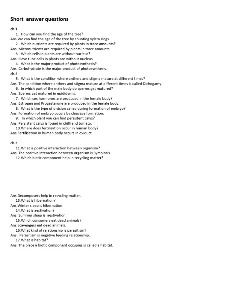 Biology Short Answer Questions | PDF