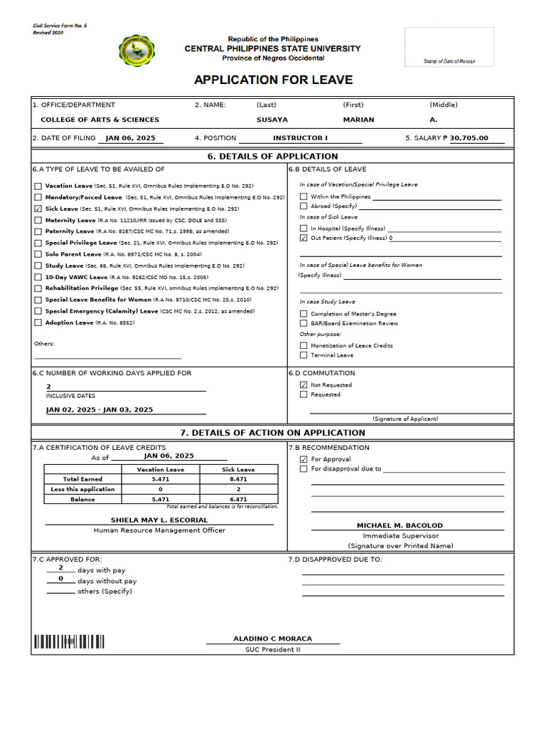 Susaya Leave Application 199 | PDF