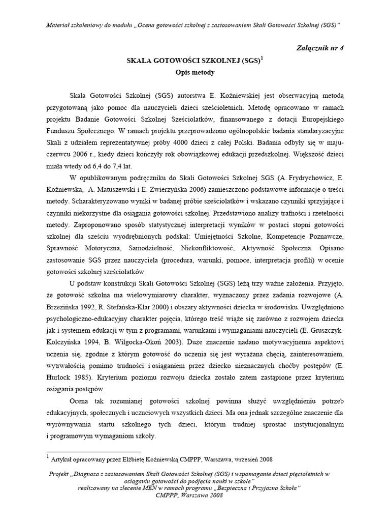 Skala Gotowosci Szkolnej (SGS) Opis Metody - Zal NR 4 | PDF