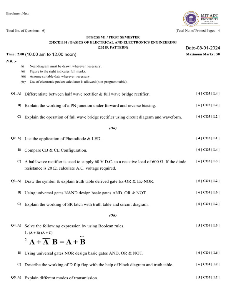 23ECE1101 Questionpaper | PDF | Rectifier | Modulation