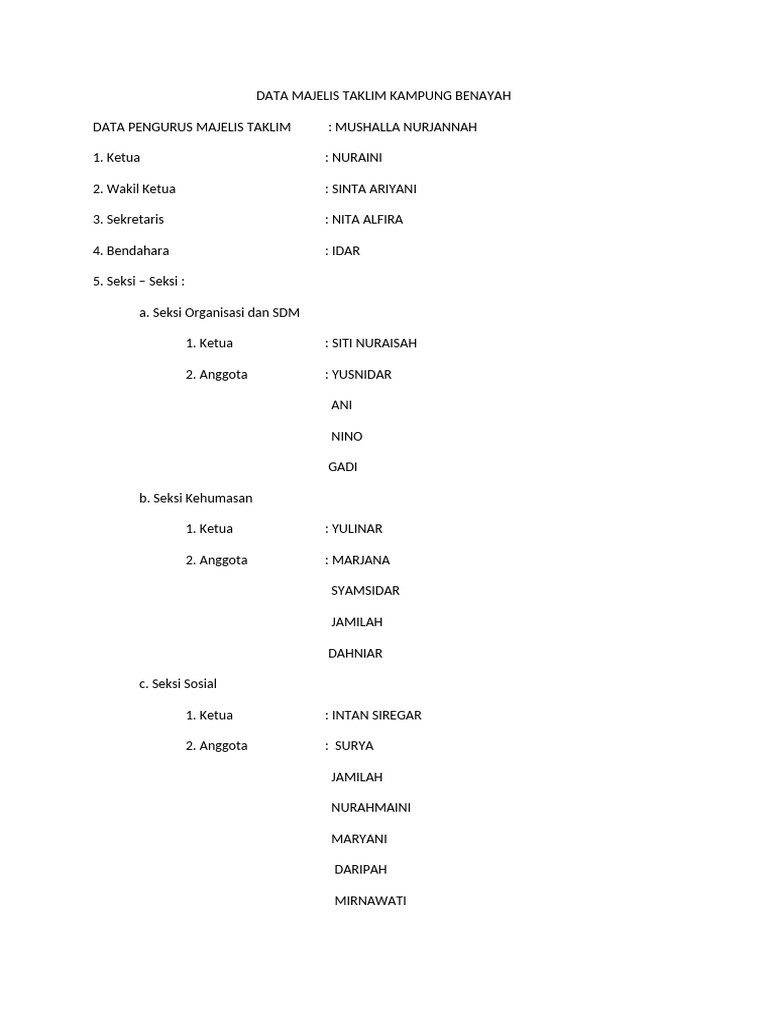 Struktur Pengurus Majelis Taklim Desa | PDF