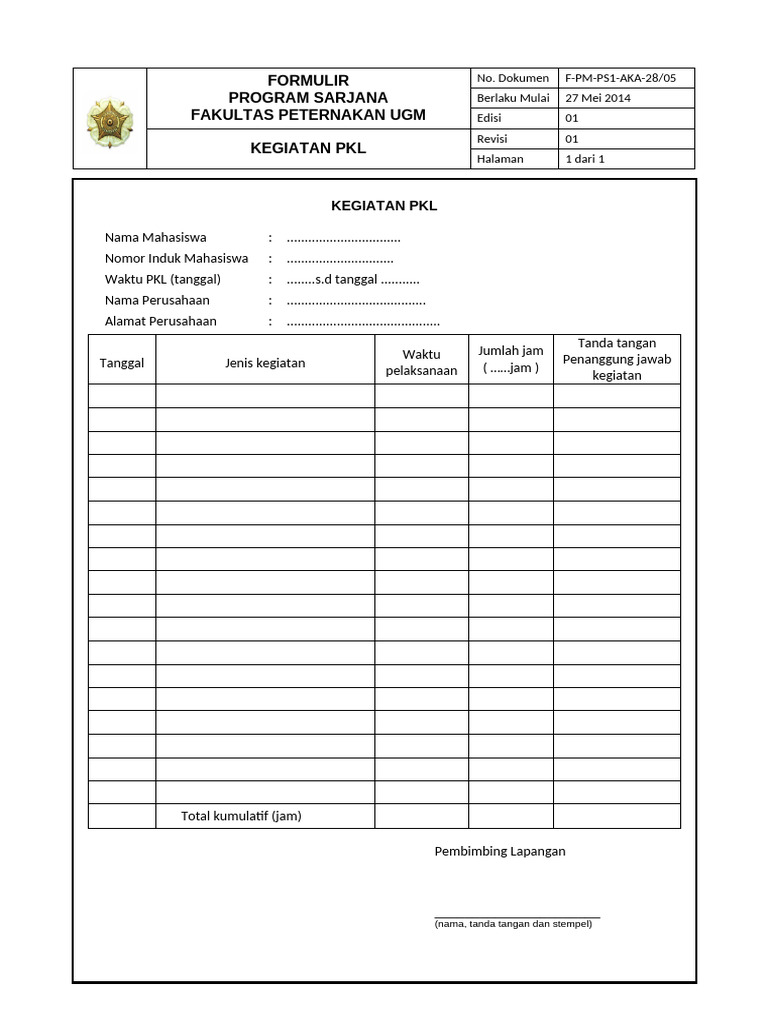 Formulir Kegiatan PKL Dan Penilaian Kegiatan PKL (Versi B. Indonesia ...