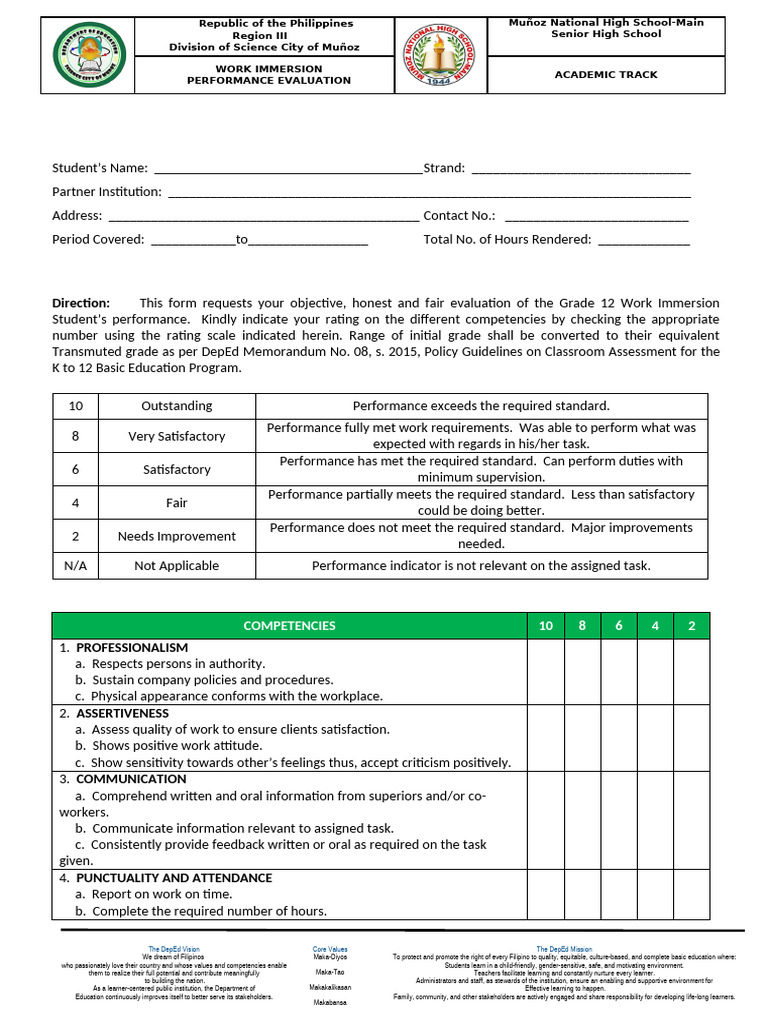 Work Immersion Performance Evaluation - Docx F4 | PDF | Learning | Performance Appraisal