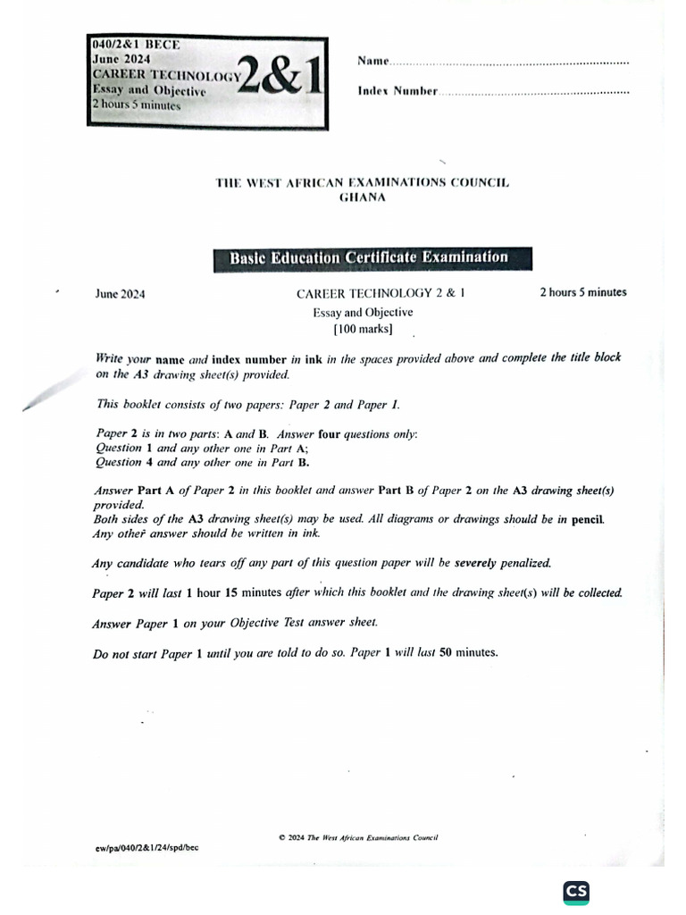 BECE Career Technology Questions 2024 | PDF