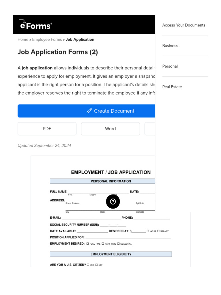 Free Job Application Form (Standard Template) - PDF - Word - Eforms ...
