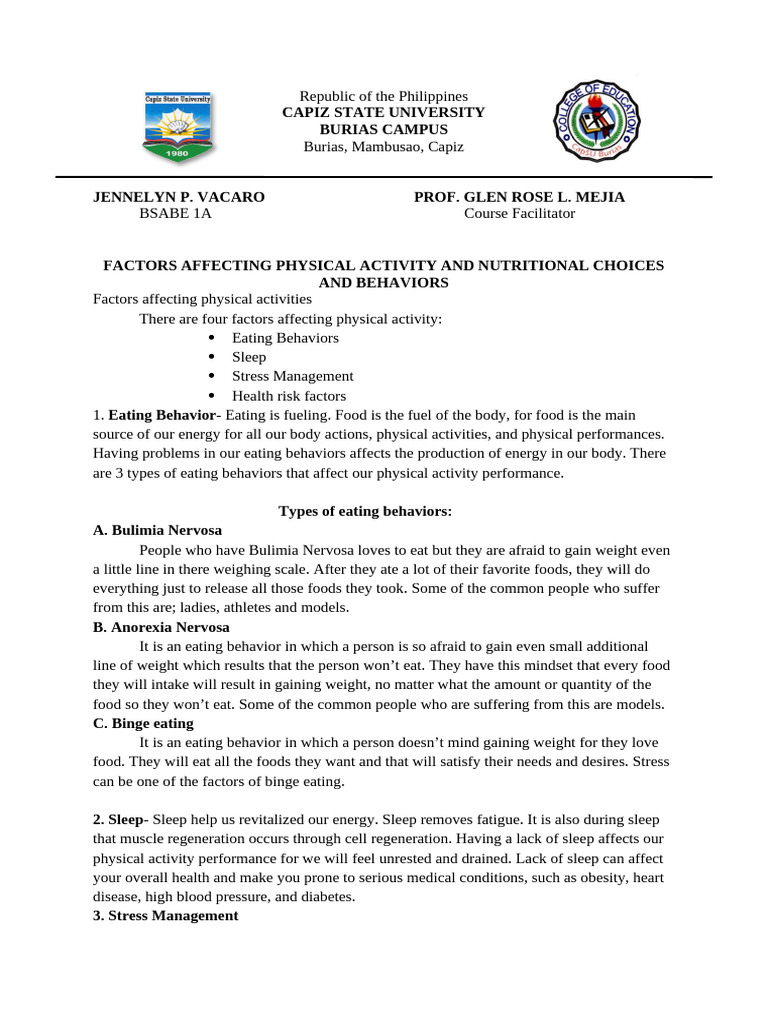 Factors Affecting Physical Activity and Nutritional Choices and ...