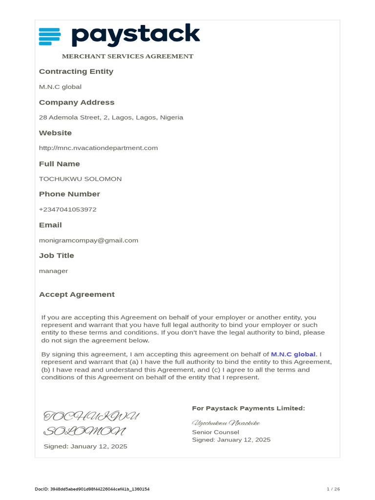 Paystack Merchant Service Agreement 1360154 | PDF | Legal Liability | Arbitration