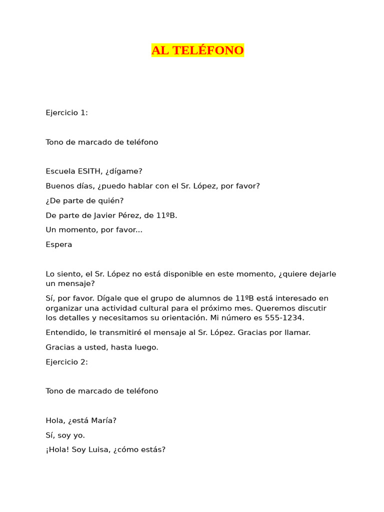 Ejercicios de conversación telefónica | PDF