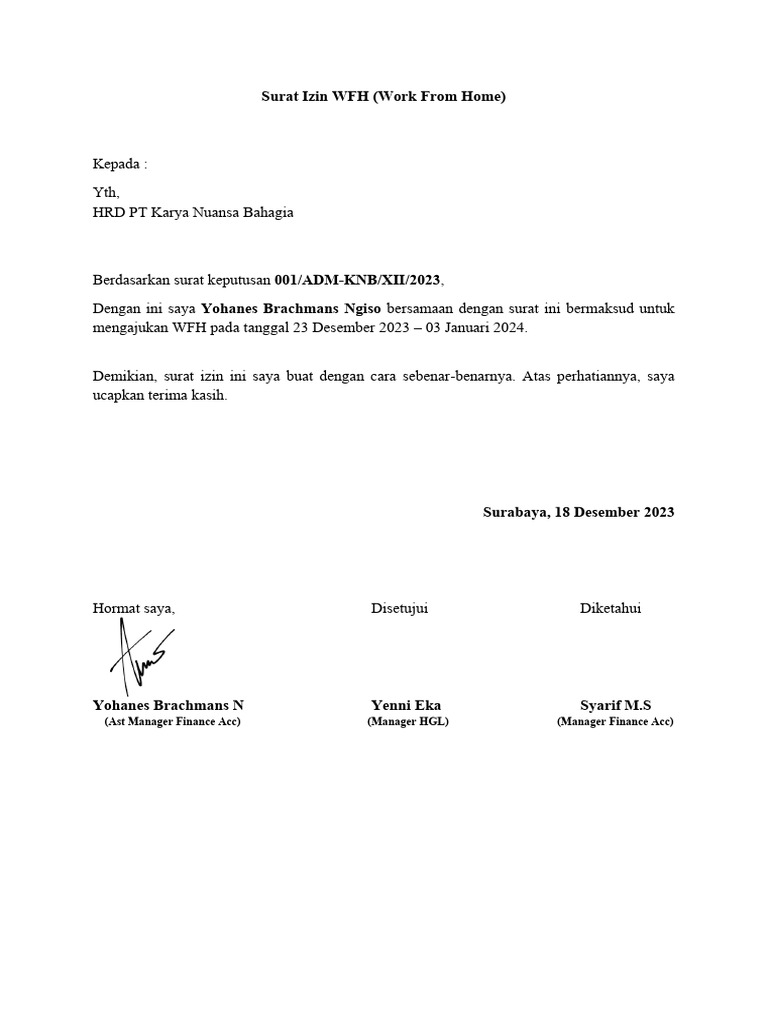 Surat Izin WFH (Work From Home) | PDF