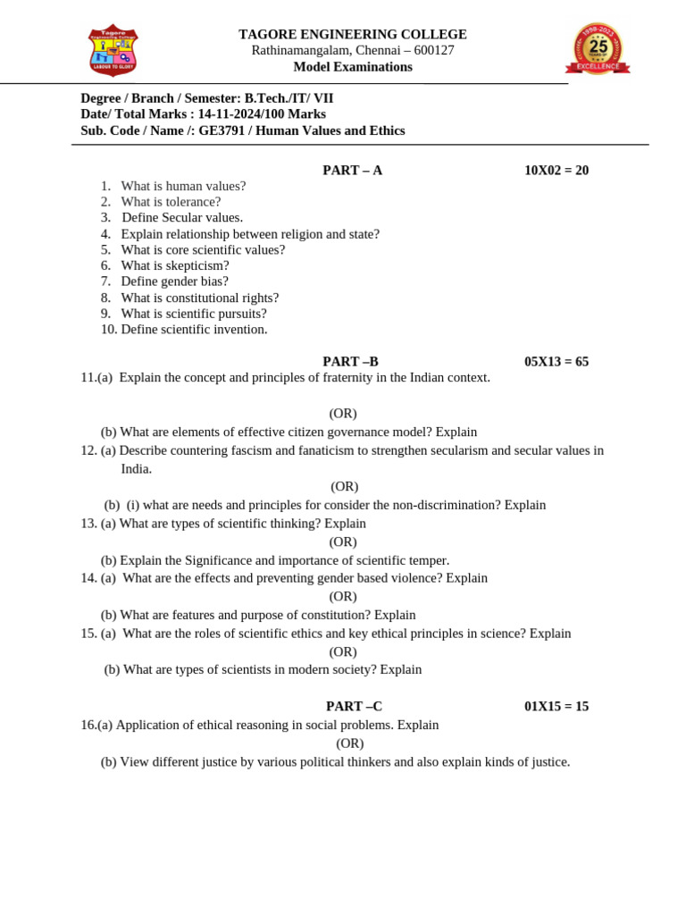 Ge3791 Human Values and Ethics Model Exam | PDF | Secularism | Justice