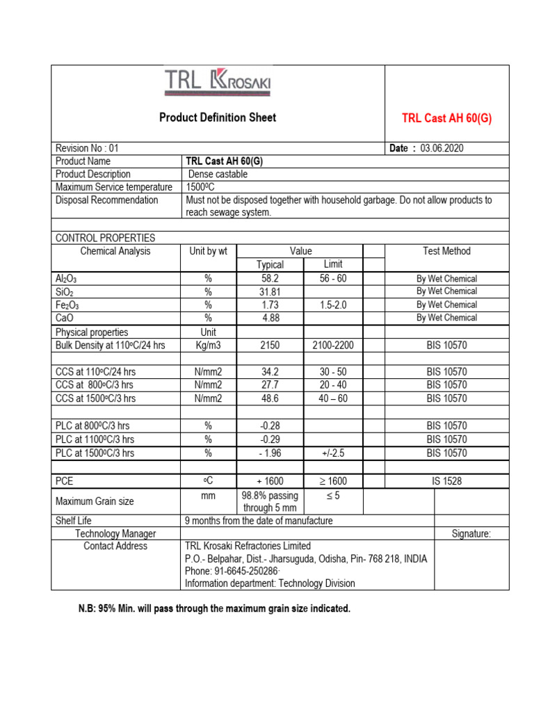 Data Sheet TRL Cast AH 60 (G) | PDF | Materials