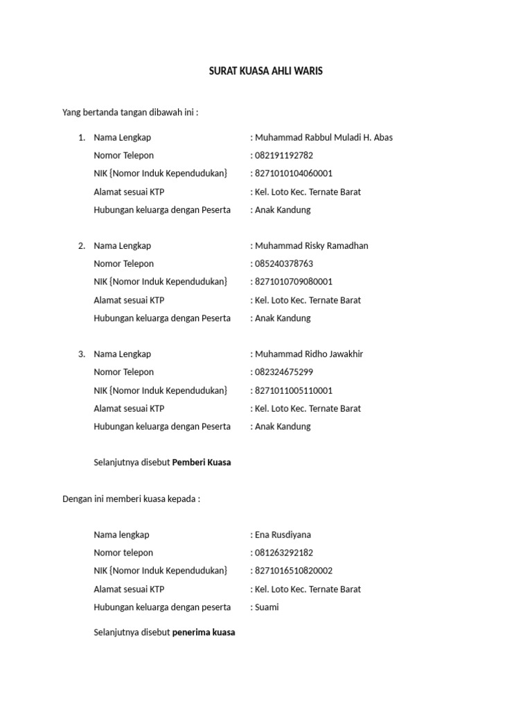 Surat Kuasa Ahli Waris | PDF