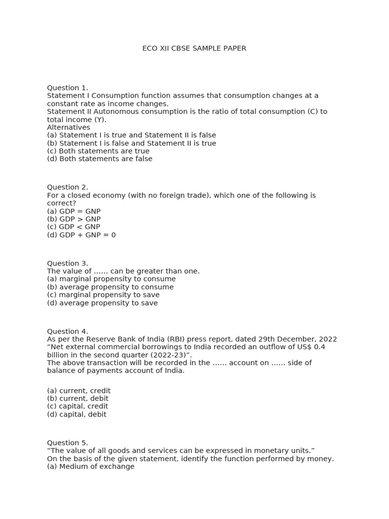 Eco Xii Cbse Sample Paper | PDF | Gross Domestic Product | Consumption ...