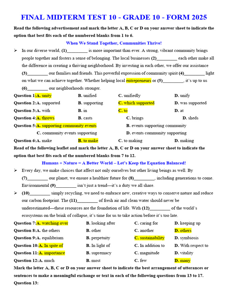 First Semester Final Exam TEST 10 - GRADE 10 - FORM 2025.docx Giải Chi ...