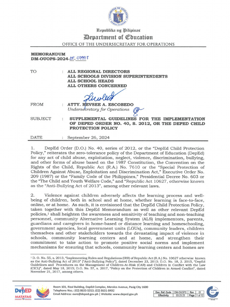 (Signed) Supplemental Guidelines For The Implementation of Deped Order ...
