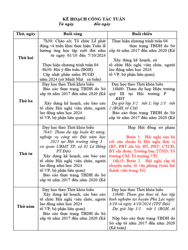 KE HOACH CONG TAC TUAN 04 (Từ 30-9 đến 6-10-2024) | PDF