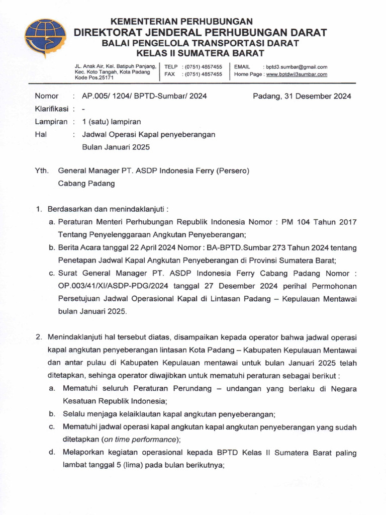 Jadwal Kapal Lintasan Padang-Mentawai Bulan Jnuari 2025 | PDF