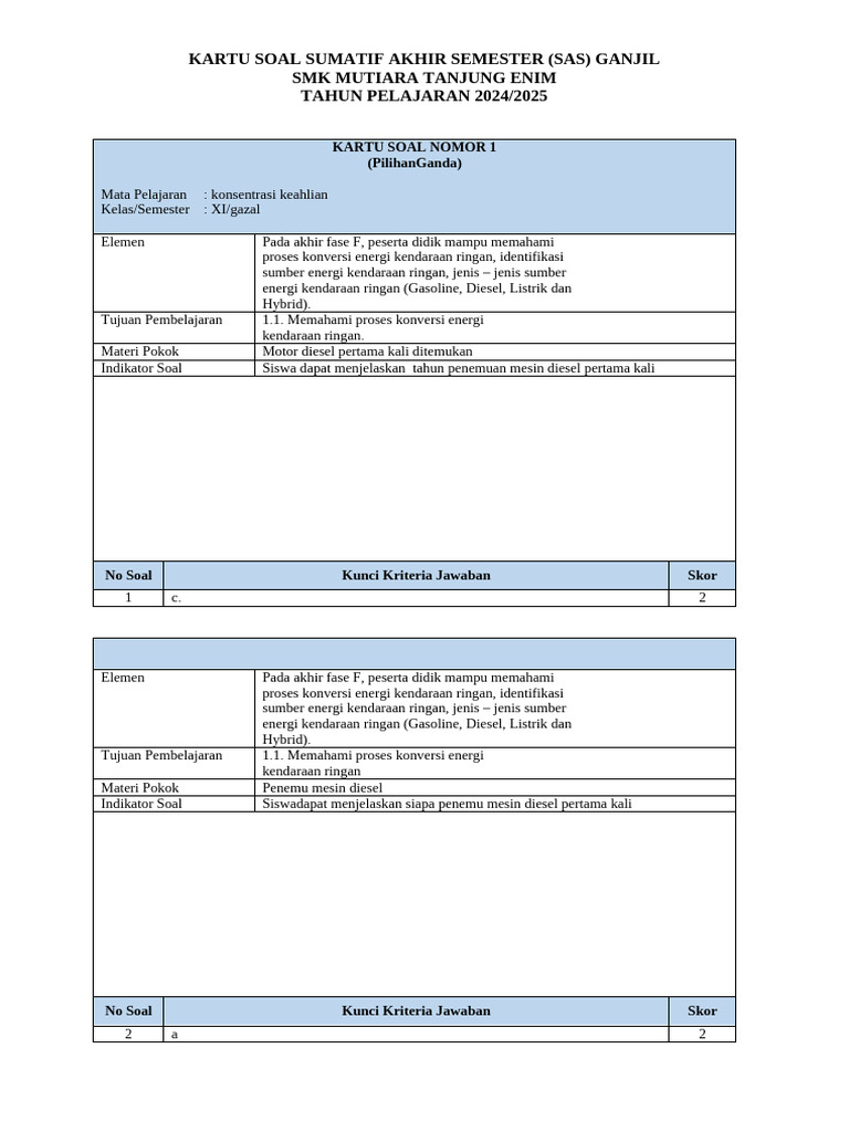 Template Kartu Soal SAS KUMER 2024 | PDF