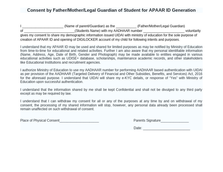 Consent Form for APAAR ID Generation | PDF