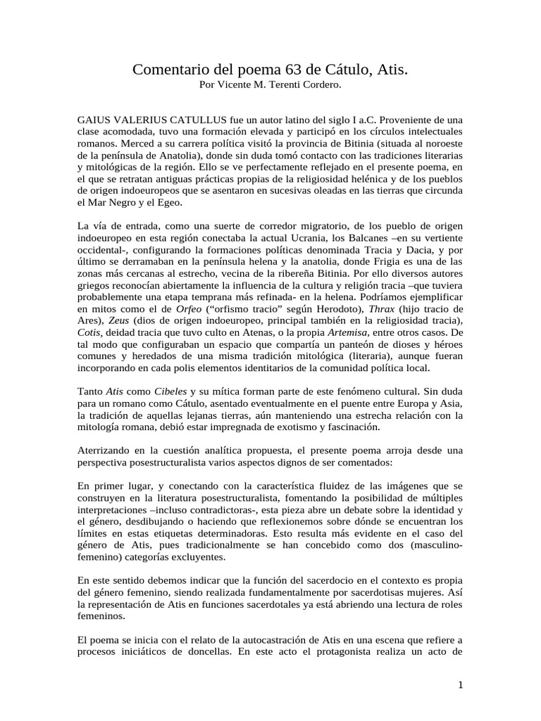 Análisis del poema 63 de Cátulo: Atis | PDF | Mitología griega | Género