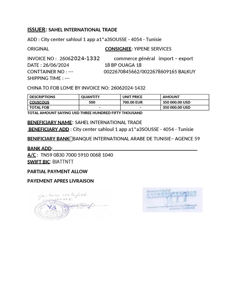 Issuer Sahel International Trade 350000usd | PDF